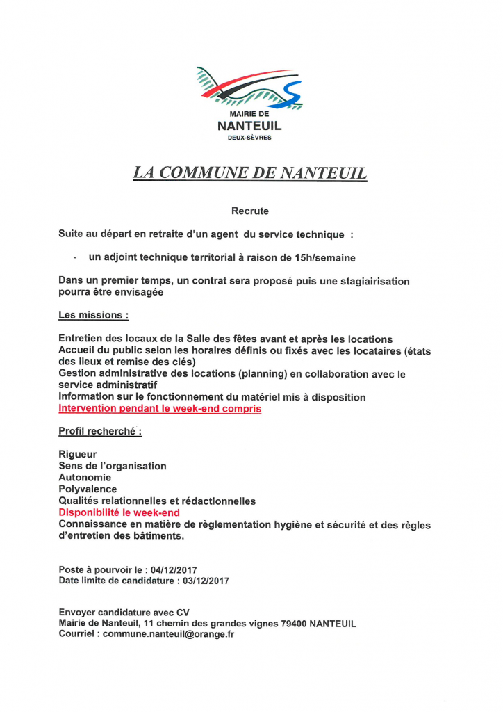 Offre d’emploi sur la commune | Nanteuil infos (79400) – Deux-Sèvres ...