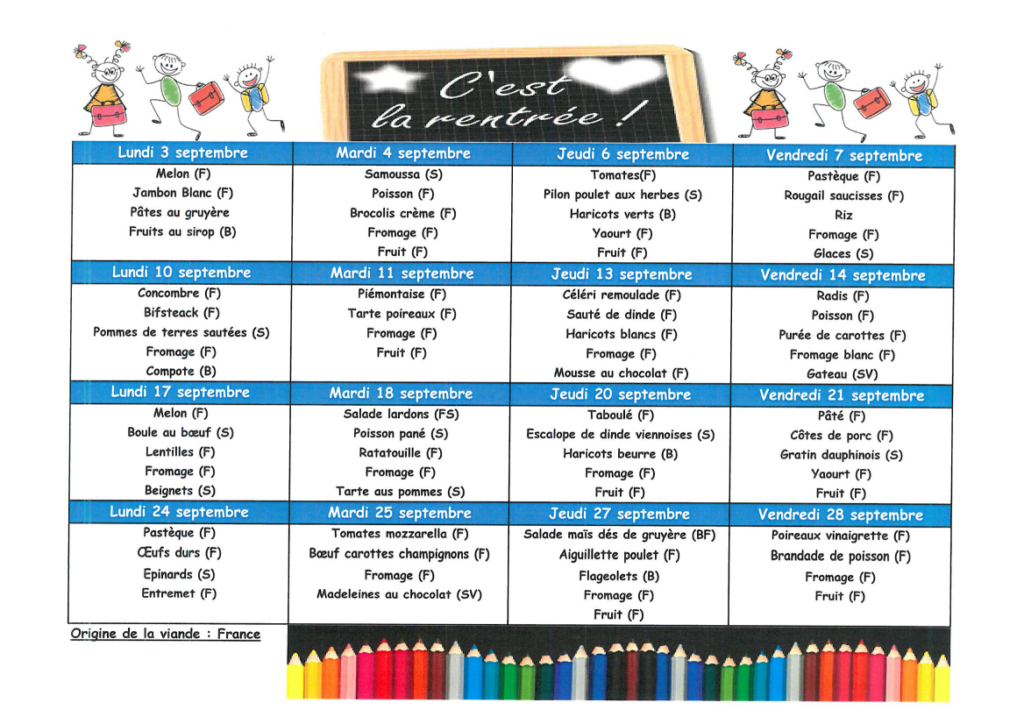 Cantine scolaire : menus de septembre 2018 | Nanteuil infos (79400 ...