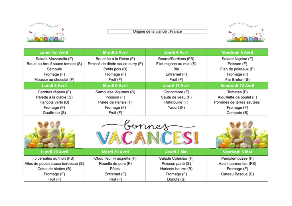 Cantine scolaire : menus d’avril 2019 | Nanteuil infos (79400) – Deux ...