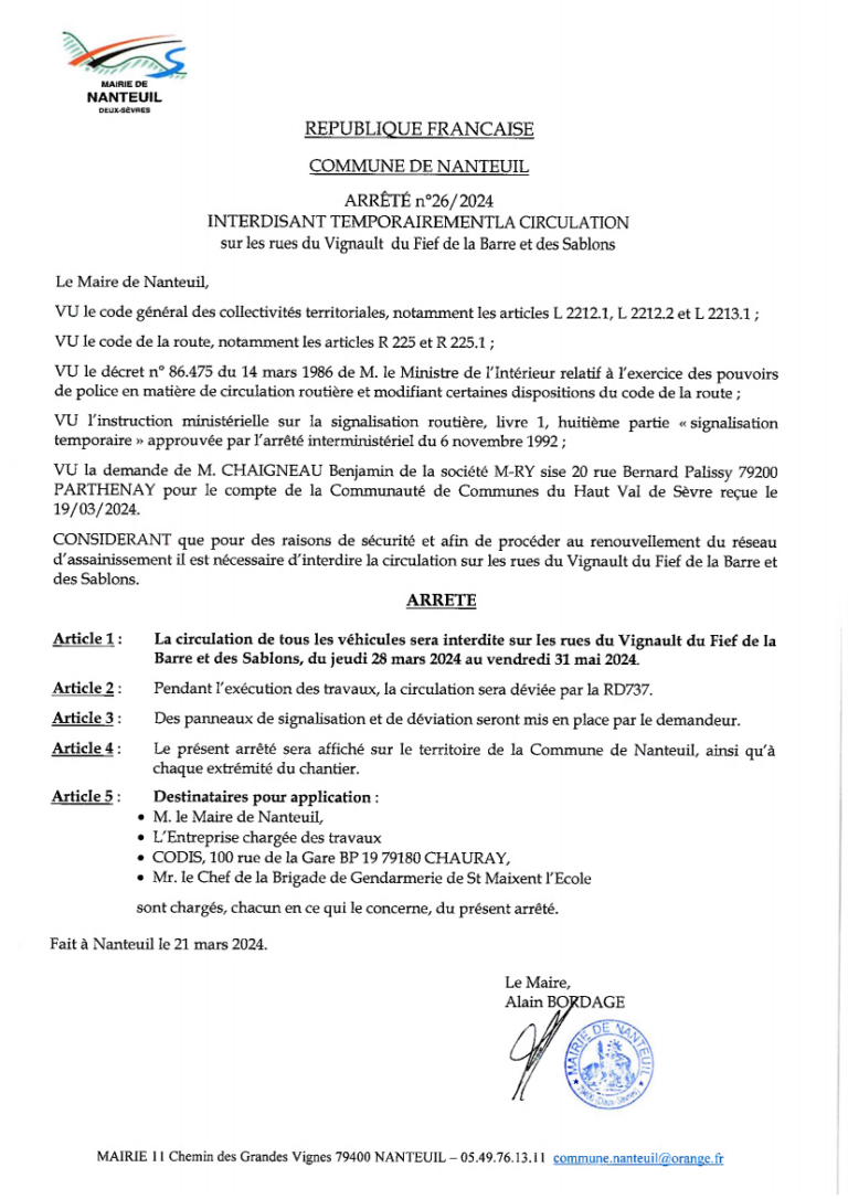 Arrêtés de voirie pour routes barrées du jeudi 28 mars au vendredi 31 ...